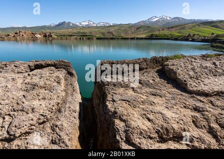 The lake at the Takht-e Soleyman World Heritage Site near Takab, Iran ...