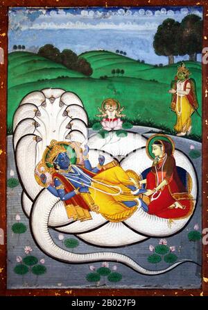 Vishnu and Lakshmi on the serpent Shesha, with Brahma on the lotus ...