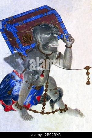 Central Asia: Shackled demons carrying treasure chests. Miniature ...