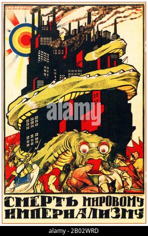 Communist propaganda poster depicting a Red Army soldier, triumphant in ...