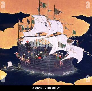 Arrival of a Portuguese ship. Nanban screen. Museum: Asian Art Museum ...