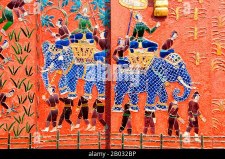 Laos: Elephants and mahouts in a coloured glass mosaic at Wat Xieng ...