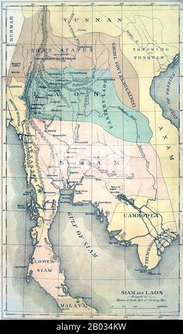 Map of Siam now Thailand and the independent Shan States,1870s. Color ...
