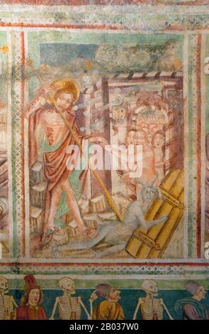 Death dance, frescoes from 1490 by Johannes from Kastav, church of the Holy Trinity, Hrastovlje ...