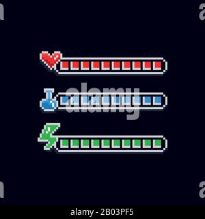 Pixel art 8 bit retro styled game design interface set - red health indicator with heart, blue ...