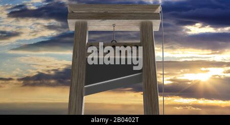 Guillotine, behead, decapitation instrument against cloudy sky ...