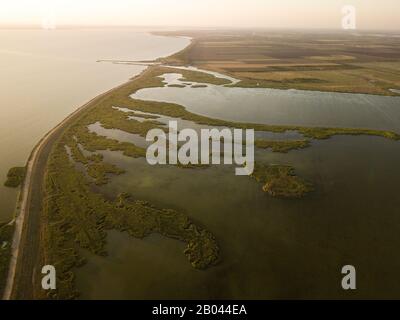 Aerial view of Tuzly Estuary National Nature Park near by Black Sea ...