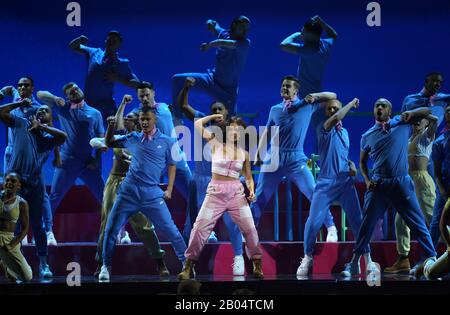 Mabel performing on stage at the Brit Awards 2020 at the O2 Arena ...