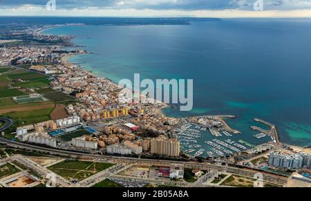 Aerial view, Portixol harbour, hotel facilities, Palma, Balearic ...