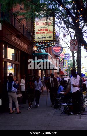 USA, MICHIGAN, DETROIT, GREEKTOWN, STREET SCENE, ILLUMINATED RESTAURANT ...