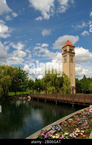WA, Spokane, Riverfront Park with Clock Tower and Spokane River Stock ...