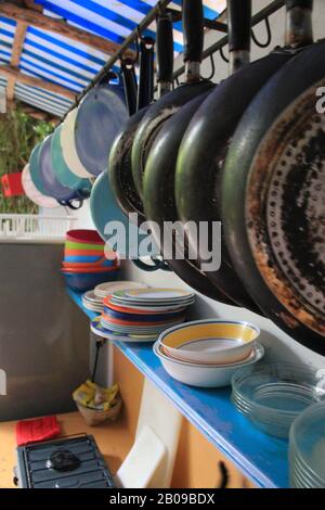 kitchen pots and pans and utensils closeup Stock Photo - Alamy