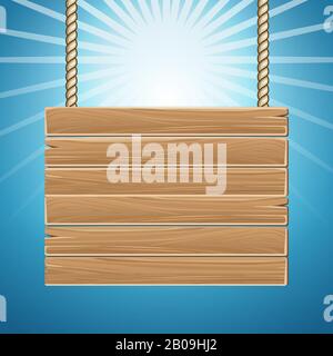 Hanging wooden blank sign board blue sky. Wood board with blank paper ...