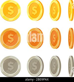 Cartoon golden coins in different positions, gold coin flip vector set ...