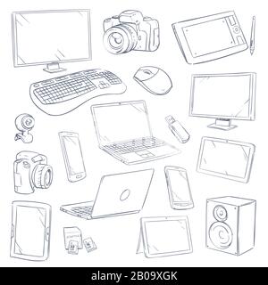 Hand drawing of digital gadgets doodle set isolated on white background ...