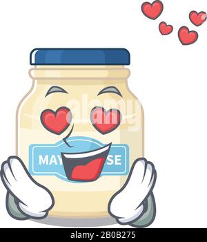 Mayonnaise cute character in glass bottle. Jar with white sauce ...