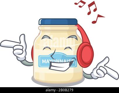 Mayonnaise cute character in glass bottle. Jar with white sauce ...