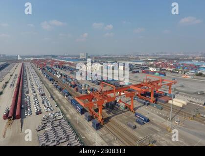 An aerial view of the Qingbaijiang Railway Port where freight trains ...