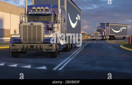 trucks with a semi-trailer with the Amazon Prime logo at the Amazon ...
