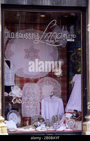 Shop window with Brussels lace Stock Photo - Alamy