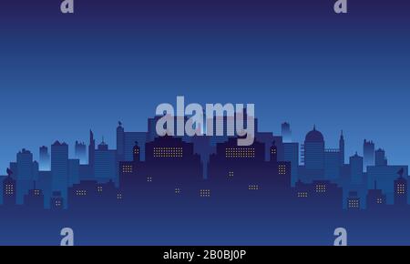 Night city background silhouette with many apartments. City vector ...