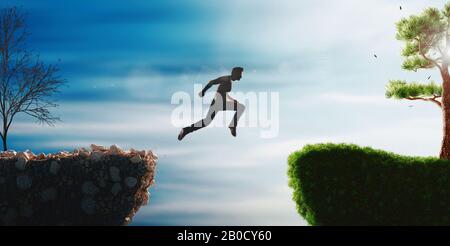 Business man jump over the gap, 3d rendering Stock Photo - Alamy