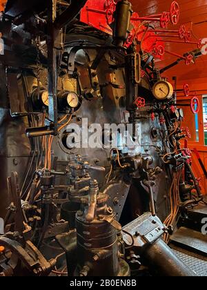 The footplate of a steam locomotive in the National Railway Museum at ...