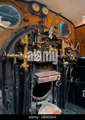 The footplate of a steam locomotive in the National Railway Museum at ...