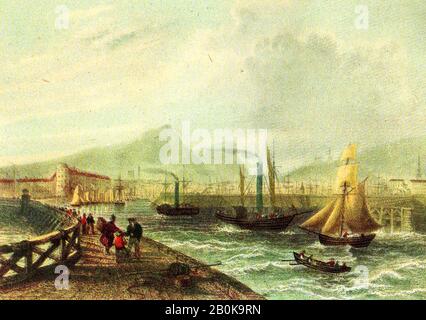 . Engraving of ship in docks, showing hydraulic lifting machinery ...