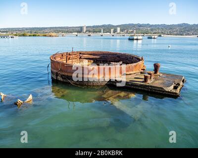 The sunken ship USS Arizona below the Memorial - Pearl Harbor, Oahu ...