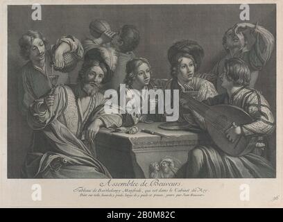 Seven men gathered around a table, drinking and listening to a lute ...