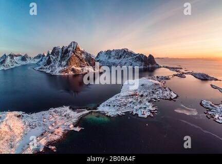 Aerial panorama of Lofoten Archipelago with view of Hamnoy and Lofoten ...