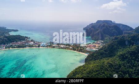 Aerial drone photo of Tonsai pier and iconic tropical beach and resorts ...