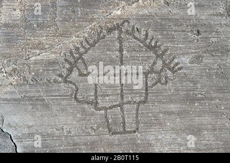 Petroglyph, rock carving, depicting houses built on poles . Carved by ...