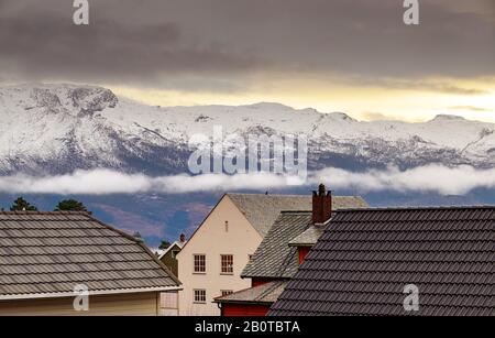 View of Ålvik village on coasts of Hardanger fjord, Hordaland county ...