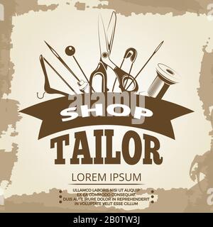 Sewing machine tailor shop poster, vector vintage card for design ...