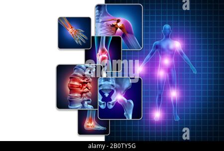 Pain of the joints concept background as skeleton and muscle anatomy of ...