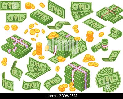 Dollars Banknotes Set Vector. Cartoon US Currency. American Money Bill ...