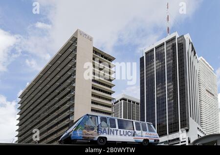 Metro movers in front of skyscrapers, tower, office building, Downtown ...