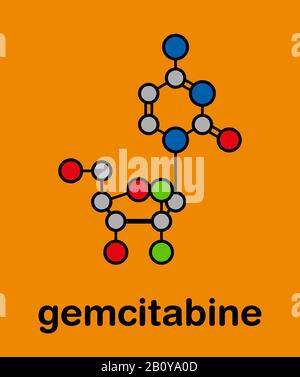 Gemcitabine cancer chemotherapy drug, chemical structure. Atoms are ...