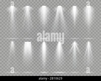 Spot light beams projection on stage scene. Blue light sparkles shining and reflecting on floor ...