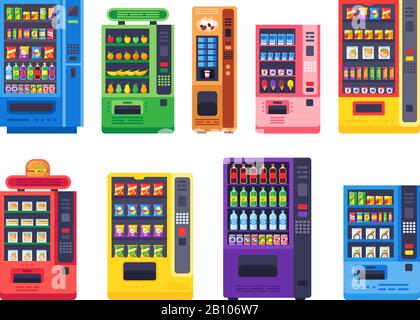 Vending machine with snacks and drinks isolated on white background, isometric view. Vector ...