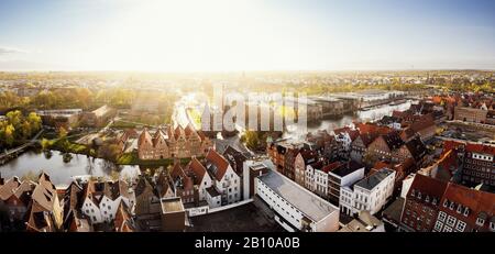 Aerial view of Lubeck with Holstentor Lubeck, Schleswig-Holstein ...