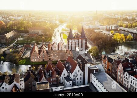 Aerial view of Lubeck with Holstentor Lubeck, Schleswig-Holstein ...