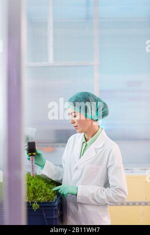 Young woman in scientific lab with pipette and chemicals in test tubes ...