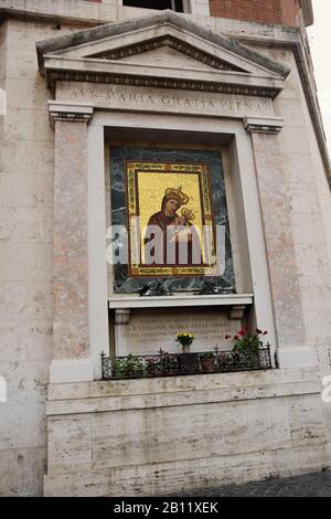 Historical facade with the prayer of Ave Maria in Ribeauville, a ...