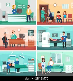 Hospital reception vector illustration. Cartoon flat patient characters ...