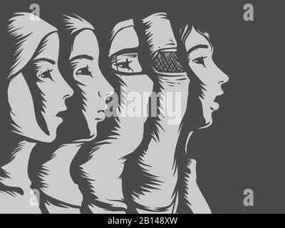 Stencil Illustration of Side View In Profile Faces of Women with ...