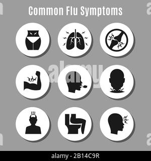 Cold and flu symptoms. Medical flat infographic icons set. Cartoon sick persons man, woman ...