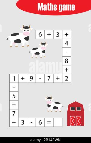Maths game with pictures of cow and farm barn for children, easy level ...